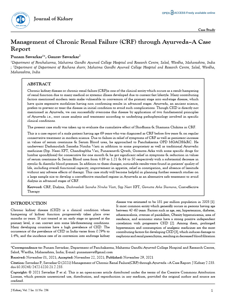 Management of Chronic Renal Failure CRF Through Ayurvedaa Case Report ...
