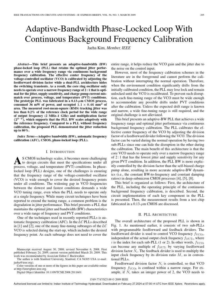 Adaptive-Bandwidth Phase-Locked Loop With Continuous Background Frequency Calibration 2009 | PDF ...