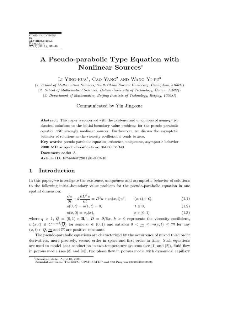 A Pseudo-Parabolic Type Equation With Nonlinear Sources: Communications in Mathematical Research ...