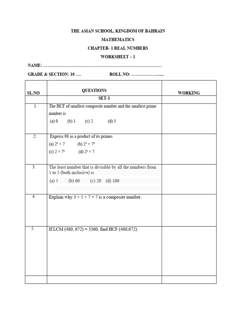 Worksheet-1 Real No.s .. | PDF | Numbers | Reason