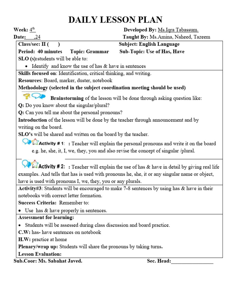 Class 2 Week 4th Plan | PDF | Lesson Plan | English Language