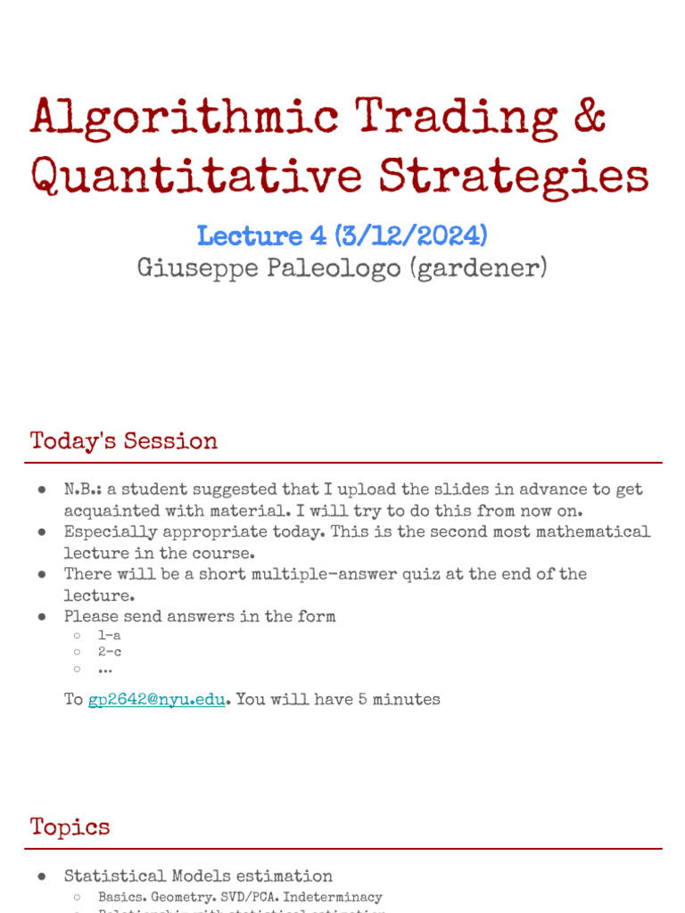 Algorithmic Trading & Quantitative Strategies Gappy Lecture 4 | PDF | Principal Component ...