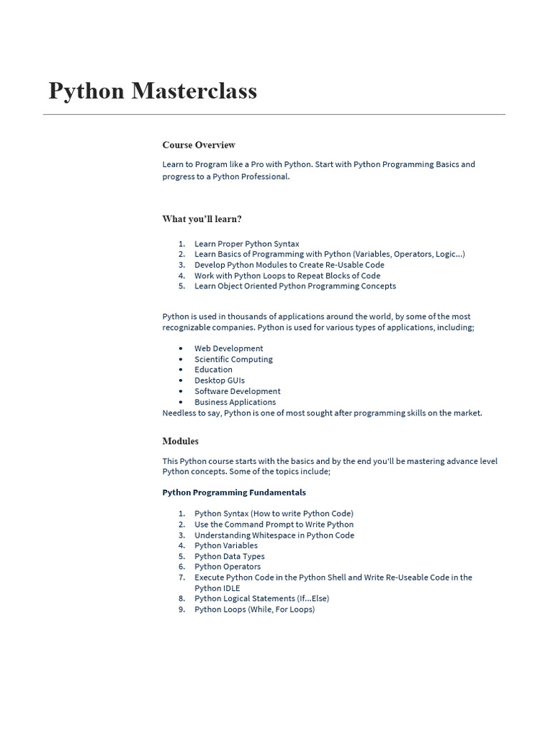 Python Course Full Masterclass Pdf Python Programming Language Computer Program
