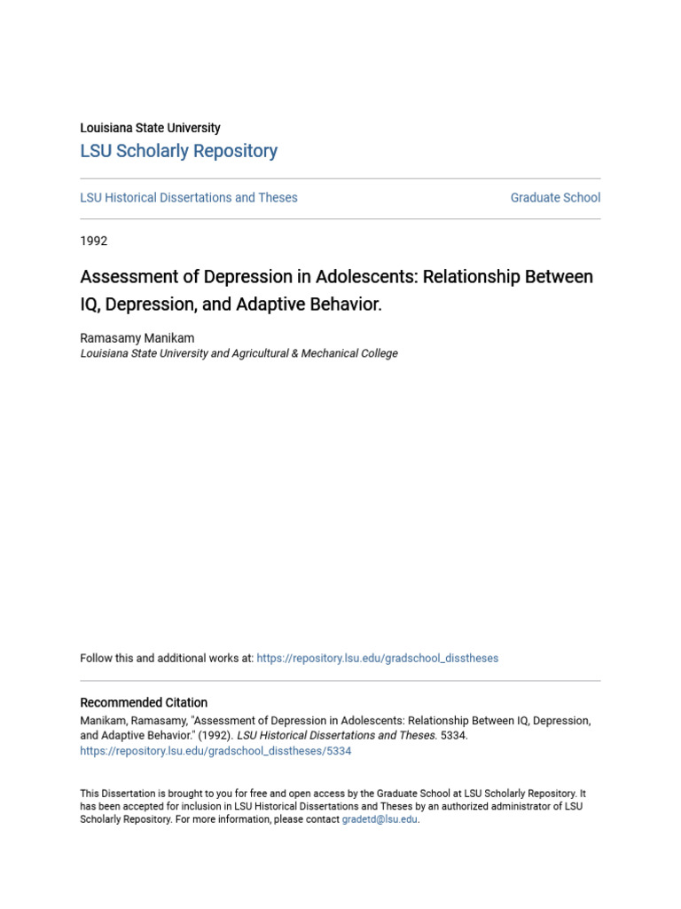 Assessment of Depression in Adolescents - Relationship Between IQ | PDF ...