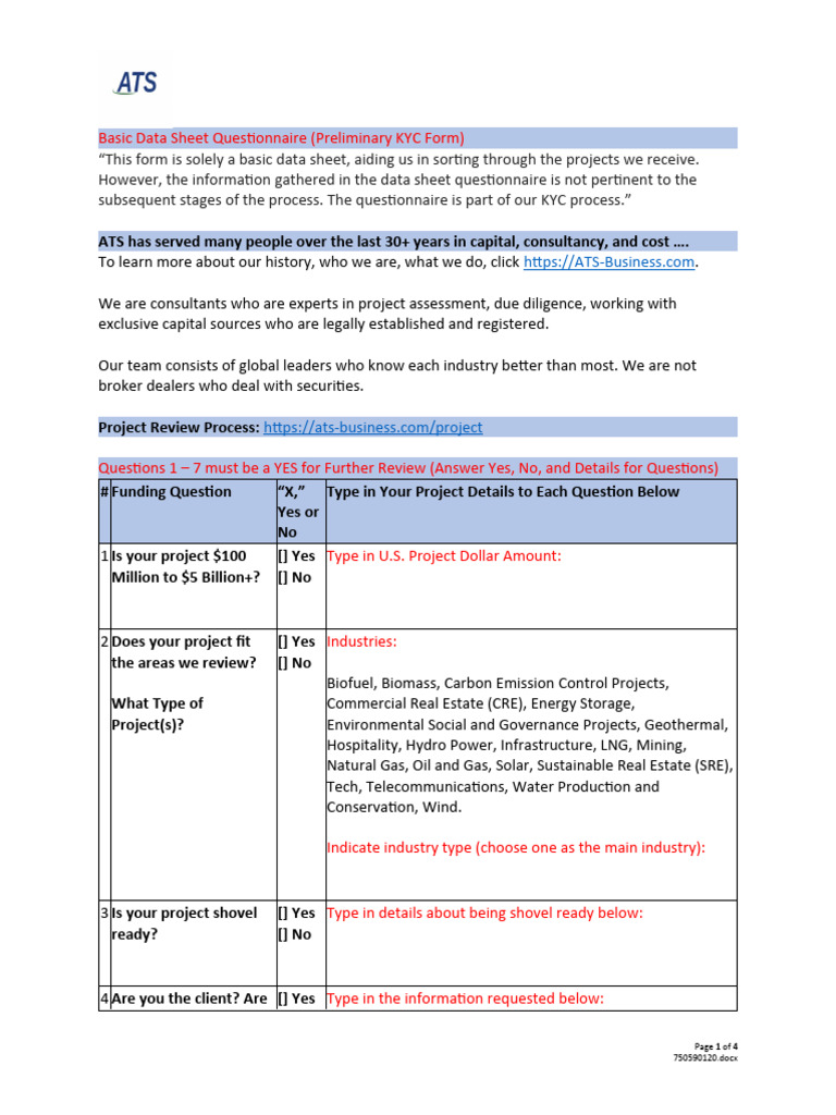 A - 44.00.000 ATS Proj Basic Data Sheet Question | PDF | Biofuel ...