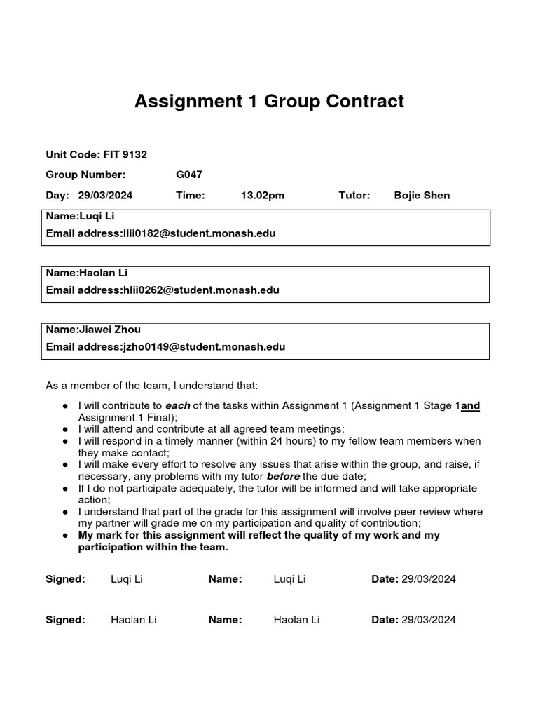 Assignment 1 Group Contract | PDF