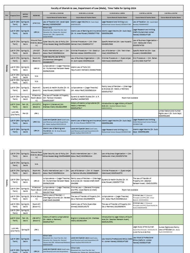Spring 2024 Law Course Timetable | PDF | Muhammad Zia Ul Haq | Hadith