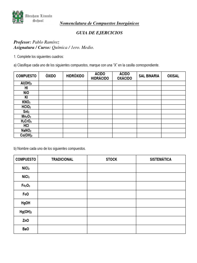 Guia De Ejercicios Nomenclatura Pdf ácido Hidróxido