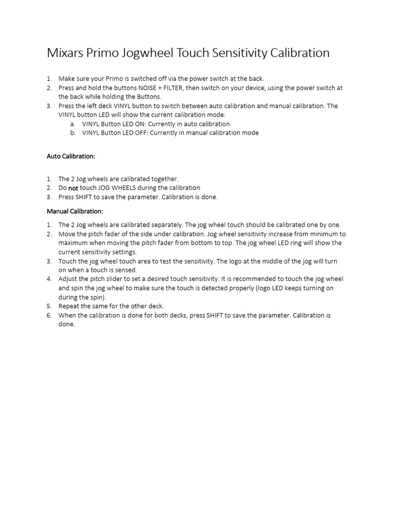 Mixars Primo Jogwheel Touch Sensitivity Calibration | PDF