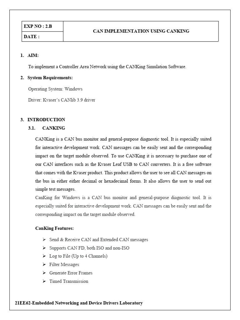 Exp No: 2.B Can Implementation Using Canking Date | PDF | Data Transmission | Computer Data