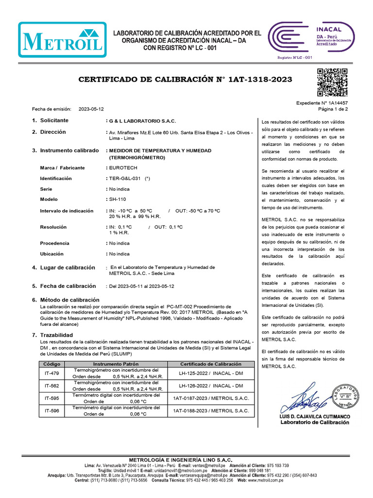 Certificado de Calibración Termohigrómetro | PDF | Calibración | Metrología