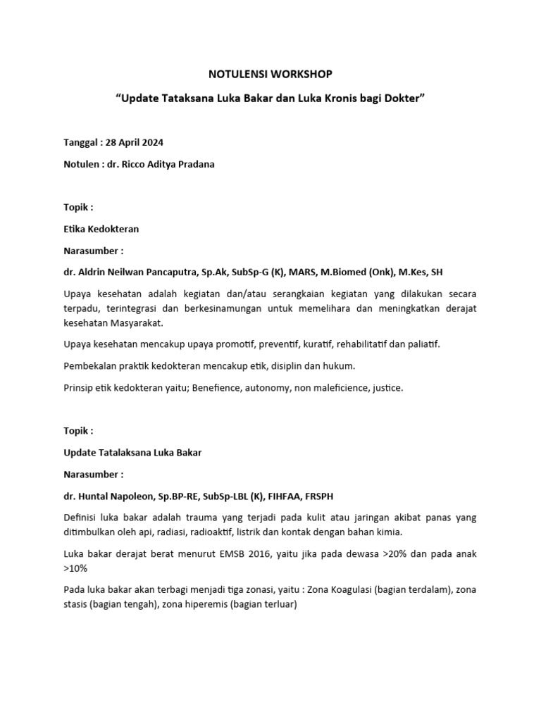 NOTULENSI WORKSHOP LUKA BAKAR DAN KRONIS | PDF