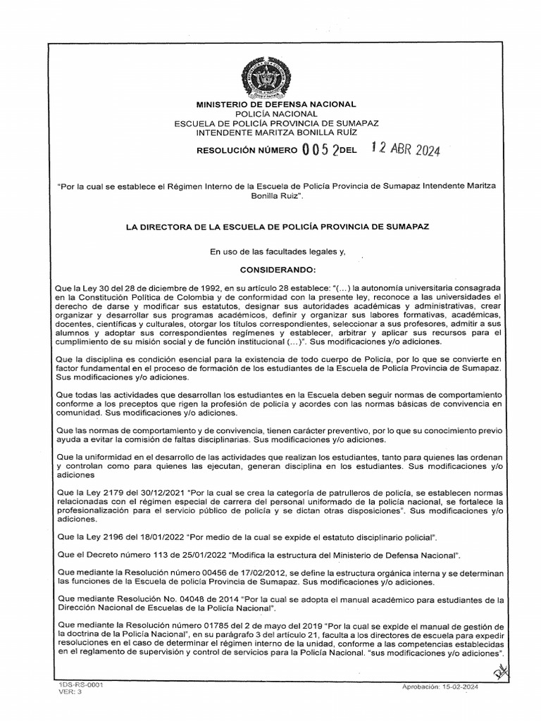Resolución No 0052 Del 14042024 Régimen Interno - 240501 - 172702 | PDF ...