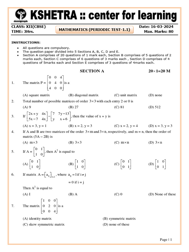Class Xii Cbse Mathematics PT-1.1 Ex - DT.16-03-24 | PDF | Matrix (Mathematics) | Functional ...