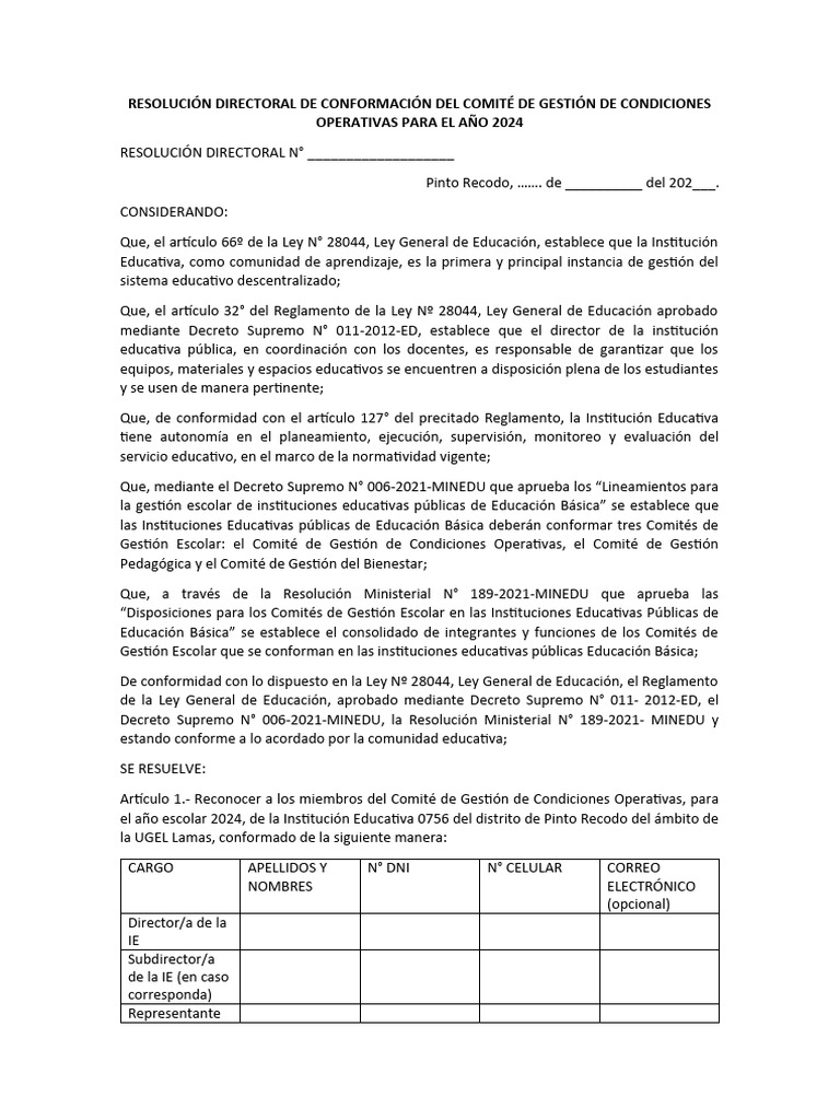 Resolución Directoral de Conformación Del Comité de Gestión de Condiciones Operativas para El ...