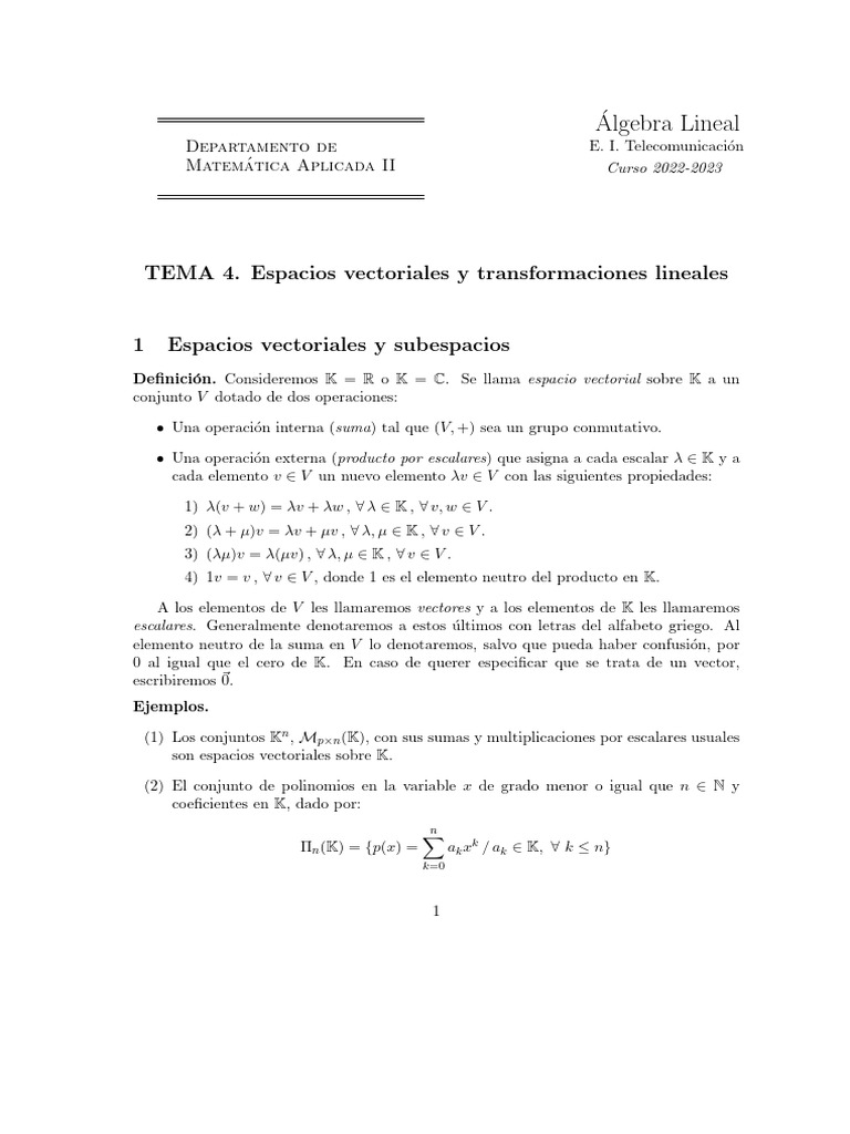 Tema4 - EspaciosVectoriales y Transformaciones Lineales | PDF | Mapa lineal | Espacio vectorial