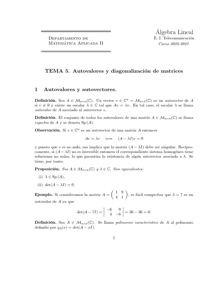 Tema5 Autovalores Diagonalización | PDF | Valores propios y vectores propios | Matriz (Matemáticas)