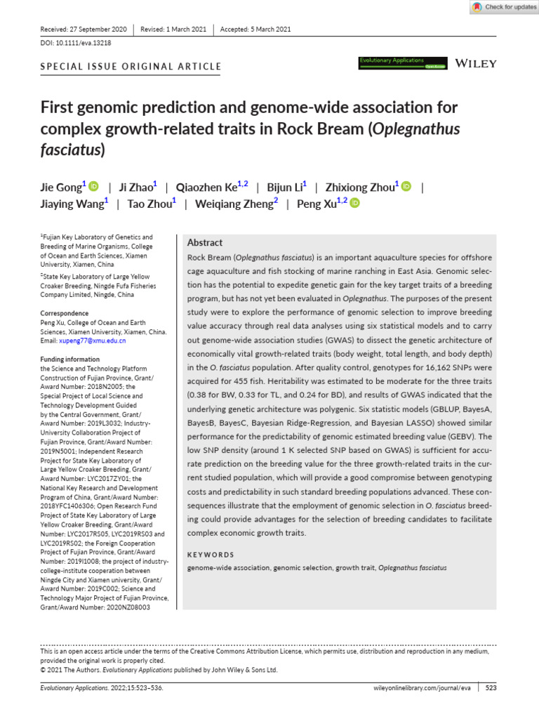 Genomic Selection in Rock Bream | PDF | Single Nucleotide Polymorphism | Heritability