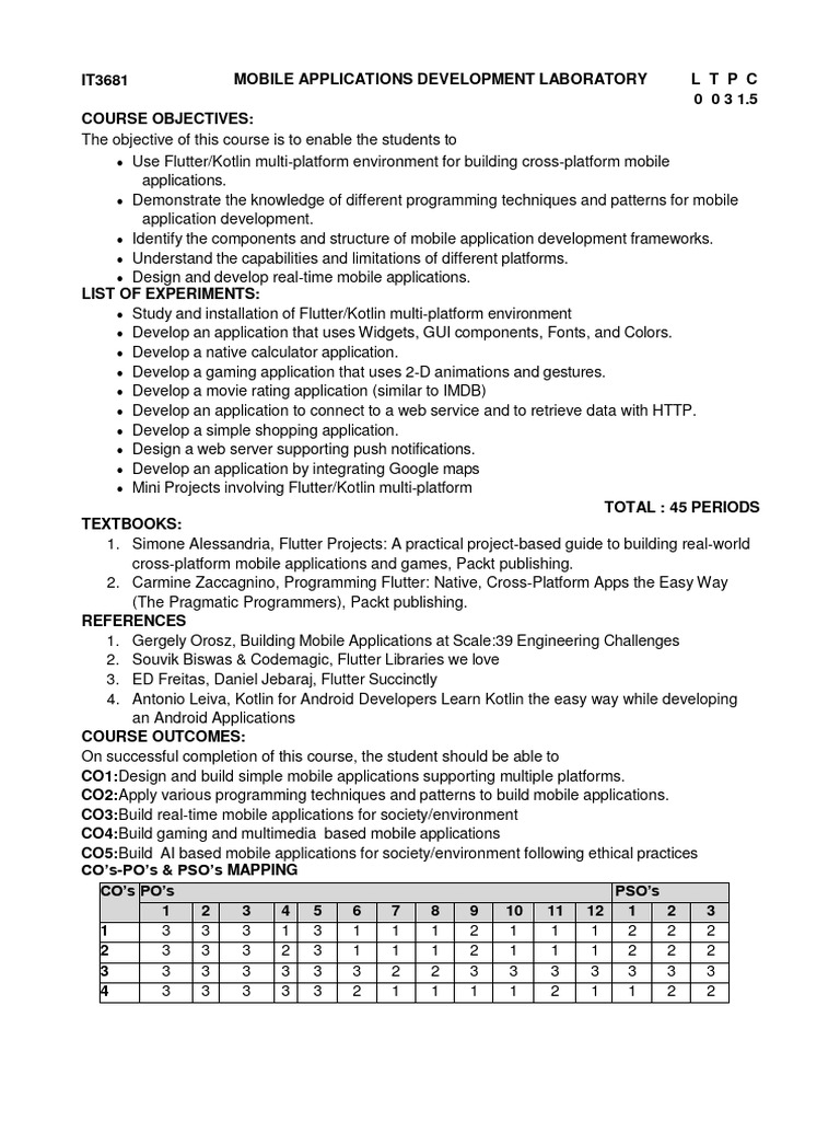 It3681-Mad Lab-Syllabus | PDF | Cross Platform Software | Mobile App It3681-Mad Lab-Syllabus | PDF | Cross Platform Software | Mobile App