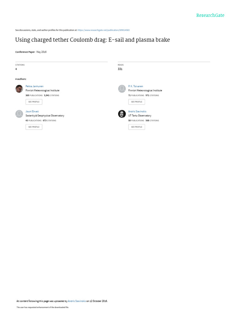 Using Charged Tether Coulomb Drag: E-Sail and Plasma Brake: Conference ...