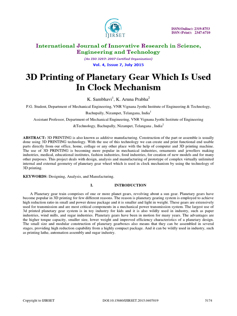 3D Printing of Planetary Gear Which Is Used in Clock Mechanism | PDF | 3 D Printing | Computer ...