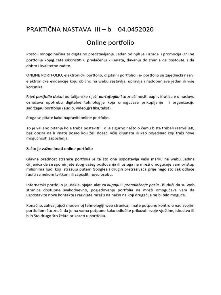 PRAKTIČNA NASTAVA III Online Portfolio | PDF