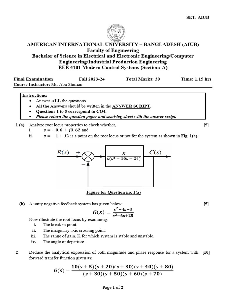 EEE 4101 Modern Control Systems Exam | PDF | Applied Mathematics | Computer Engineering