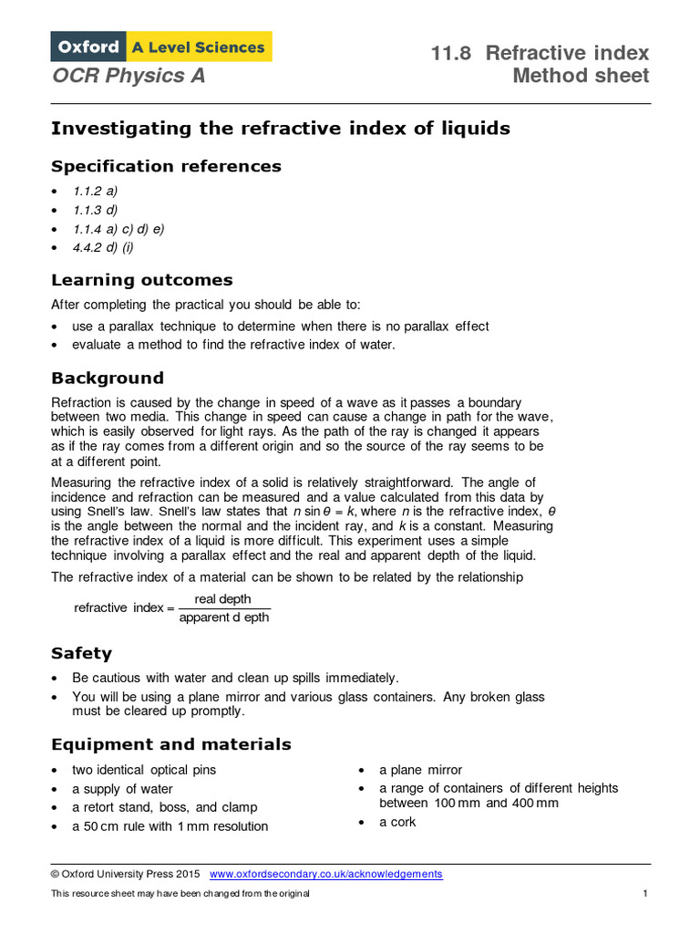 Measuring Liquid Refractive Index Experiment | PDF | Refraction ...