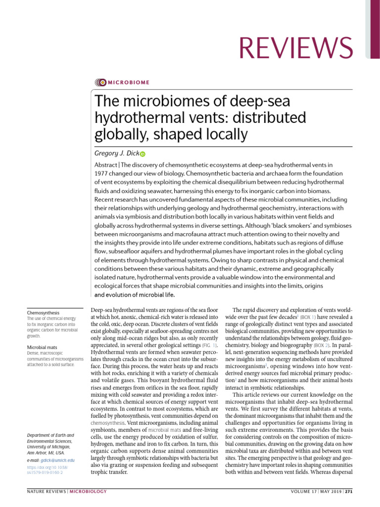 Reviews: The Microbiomes of Deep-Sea Hydrothermal Vents: Distributed ...