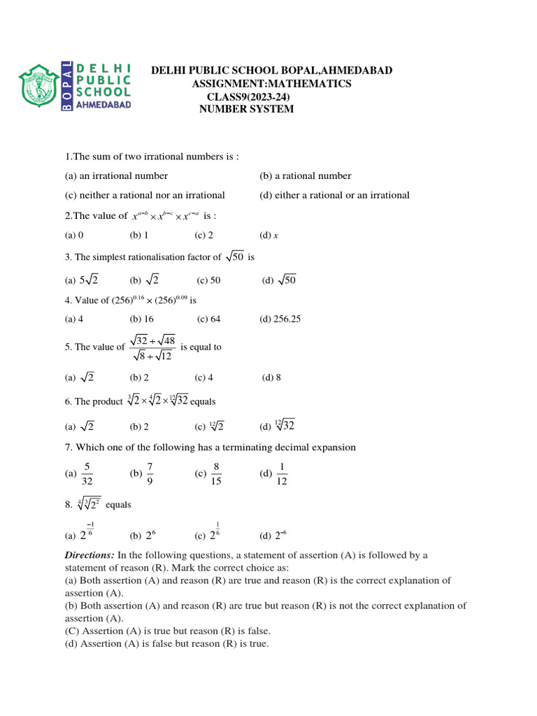 Delhi Public School Bopal, Ahmedabad Assignment:Mathematics CLASS9 (2023-24) Number System ...