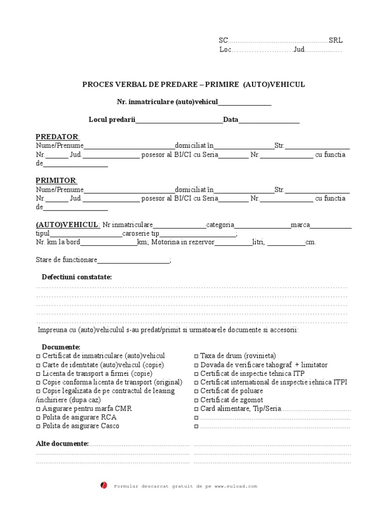 Proces Verbal de Predare Primire Auto | PDF