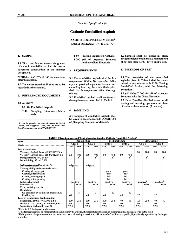 AASHTO M-208 Especificaciones Emulsion Asfaltica (Cationica) | PDF ...