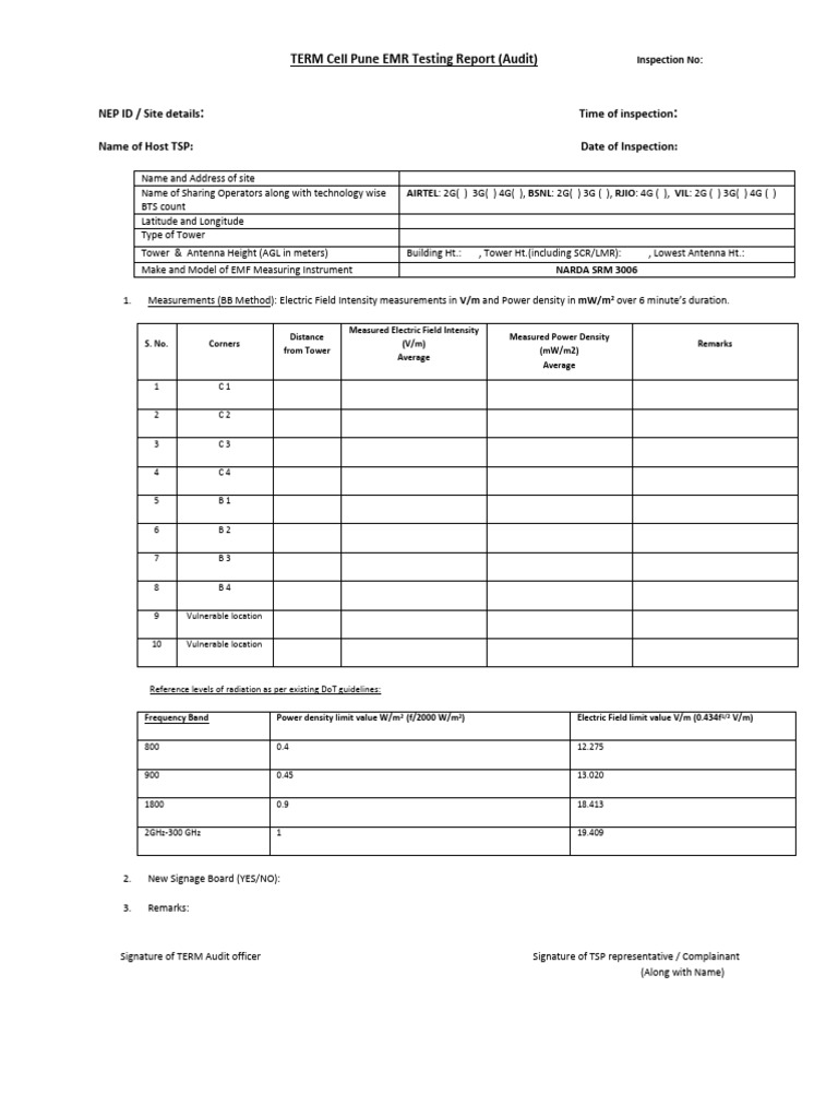 Testing Report Format - Pune TERM - Jio | PDF | Radiation | Electronics