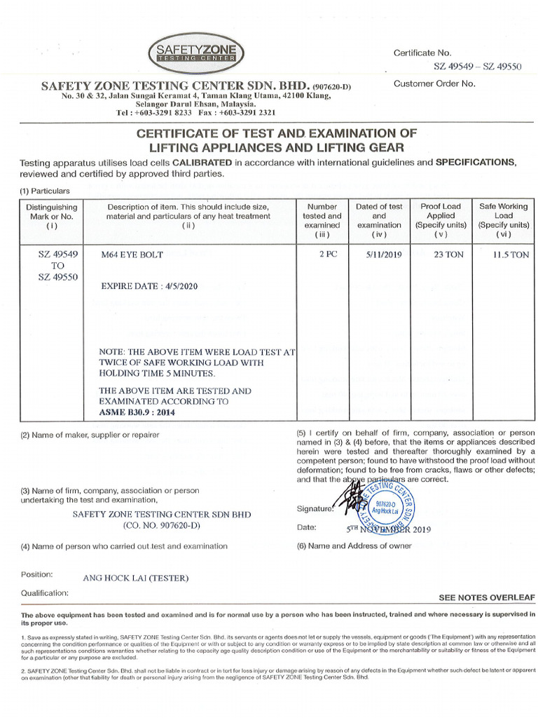 Certificate of Test - Eye Bolts | PDF