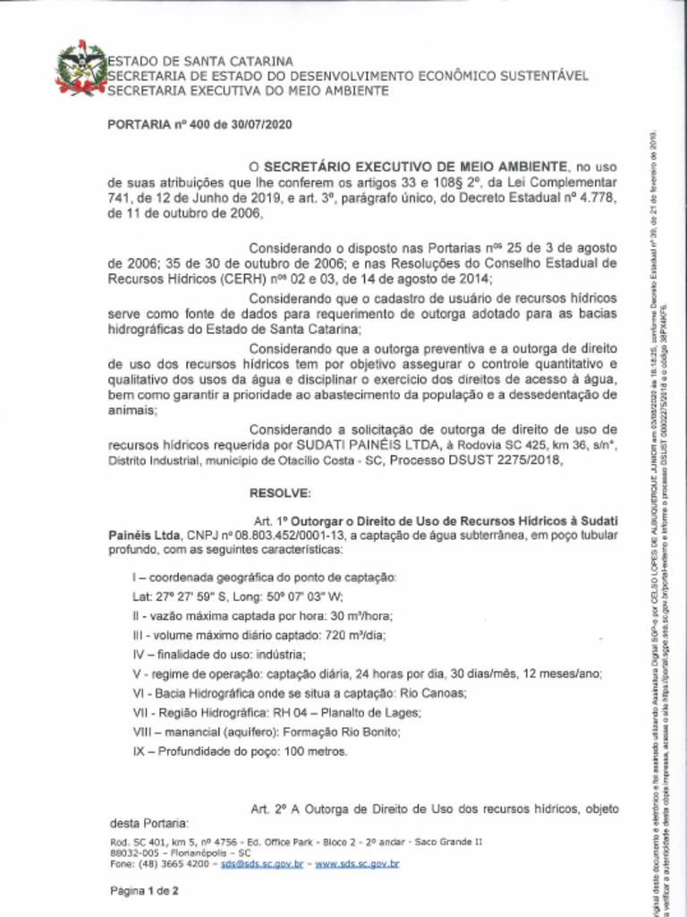 Outorga de Direito de Uso de Água - Sudati Painéis 2020 - 2030 | PDF
