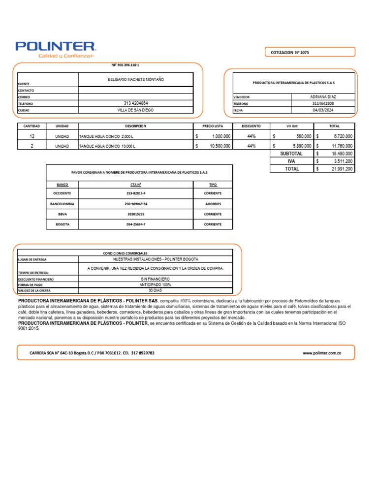 Cotización Tanques Agua POLINTER 2024 | PDF | Business | Economias
