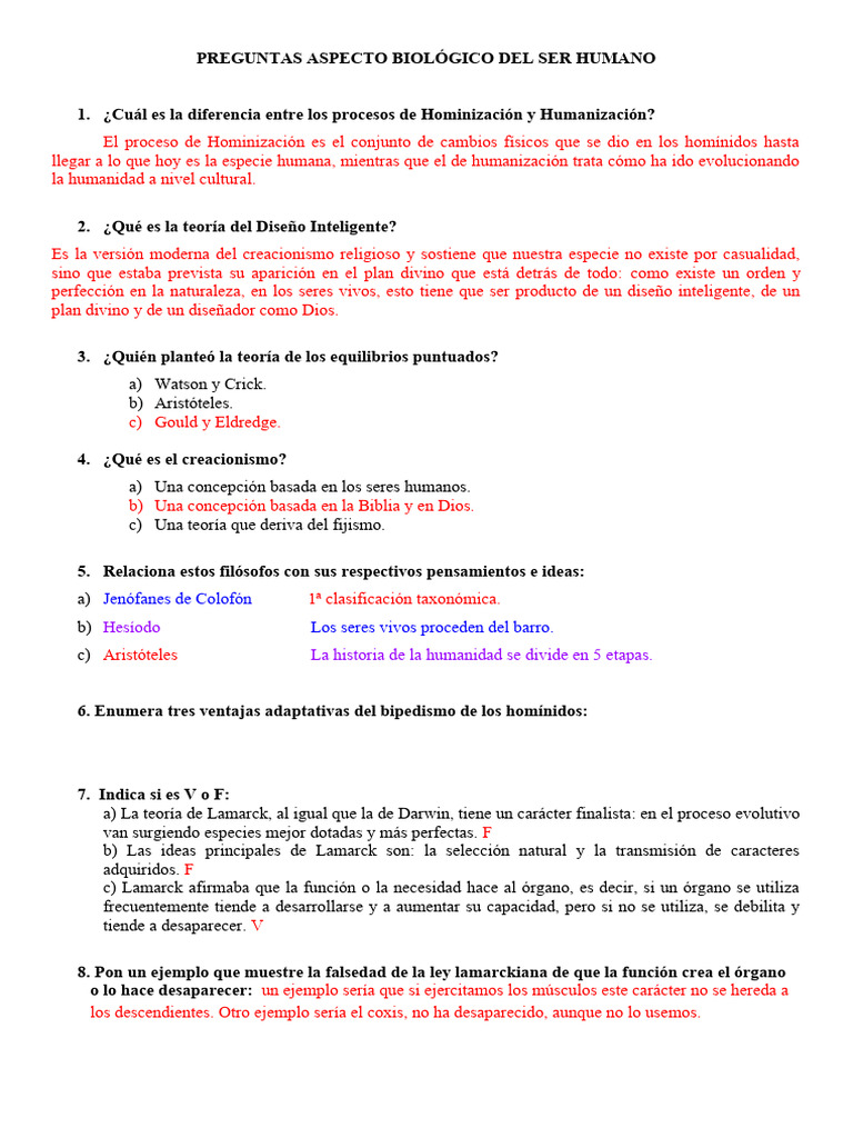 Preguntas Tema Aspecto Biológico Del Ser Humano | PDF | Evolución | Humano