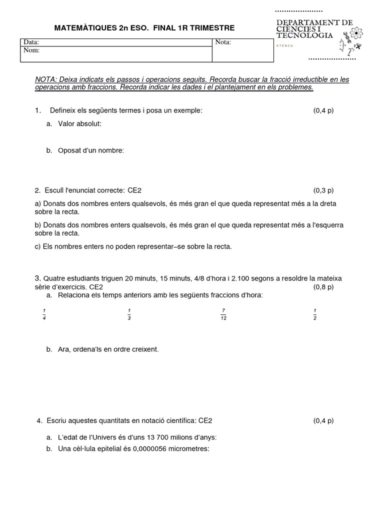 7655 20231215 Exercici 1r Trimestre Mates 2n 23 24 | PDF