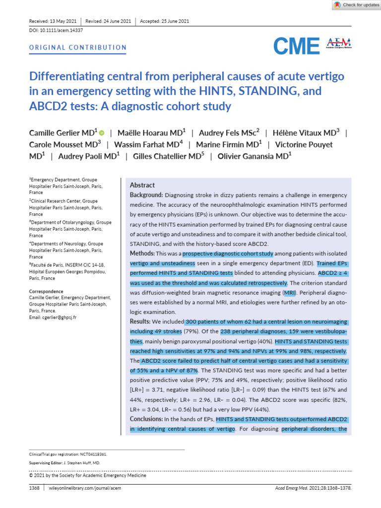 Academic Emergency Medicine - 2021 - Gerlier - Differentiating central from peripheral causes of ...
