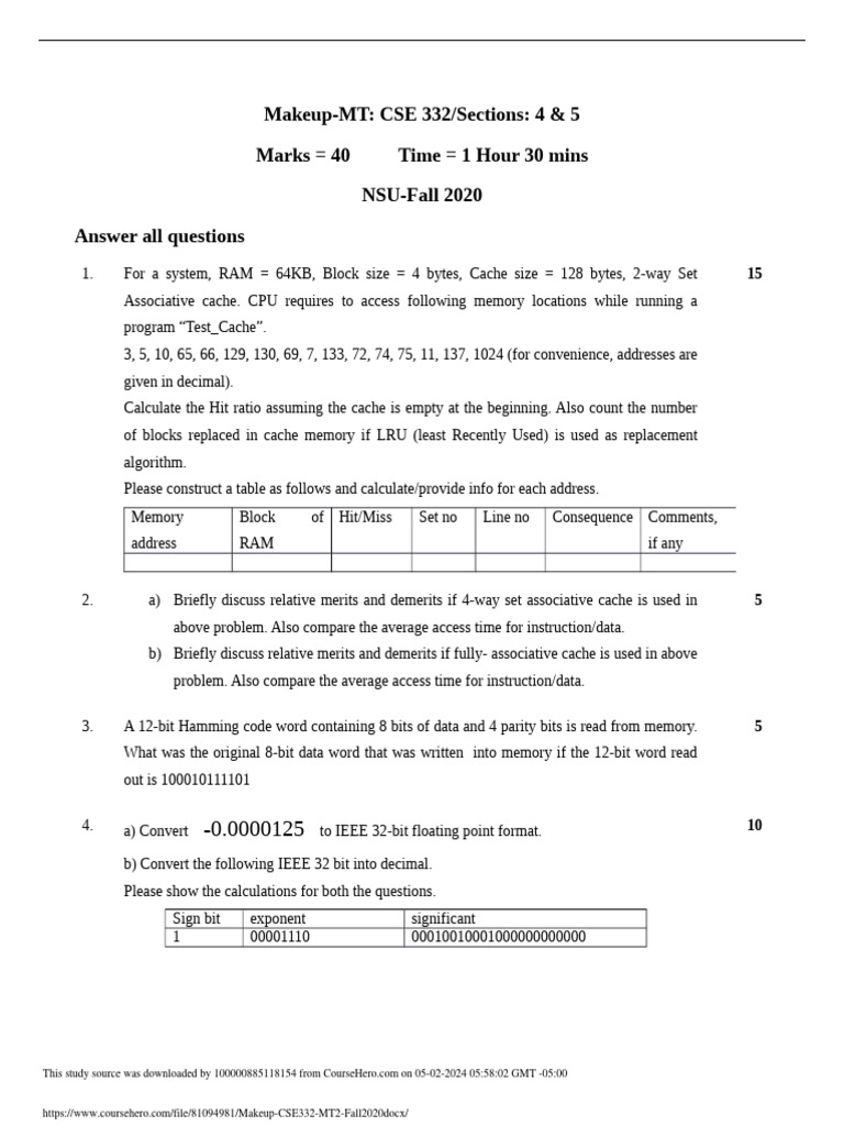 Makeup CSE332 MT2 Fall2020 | PDF | Cpu Cache | Computer Engineering