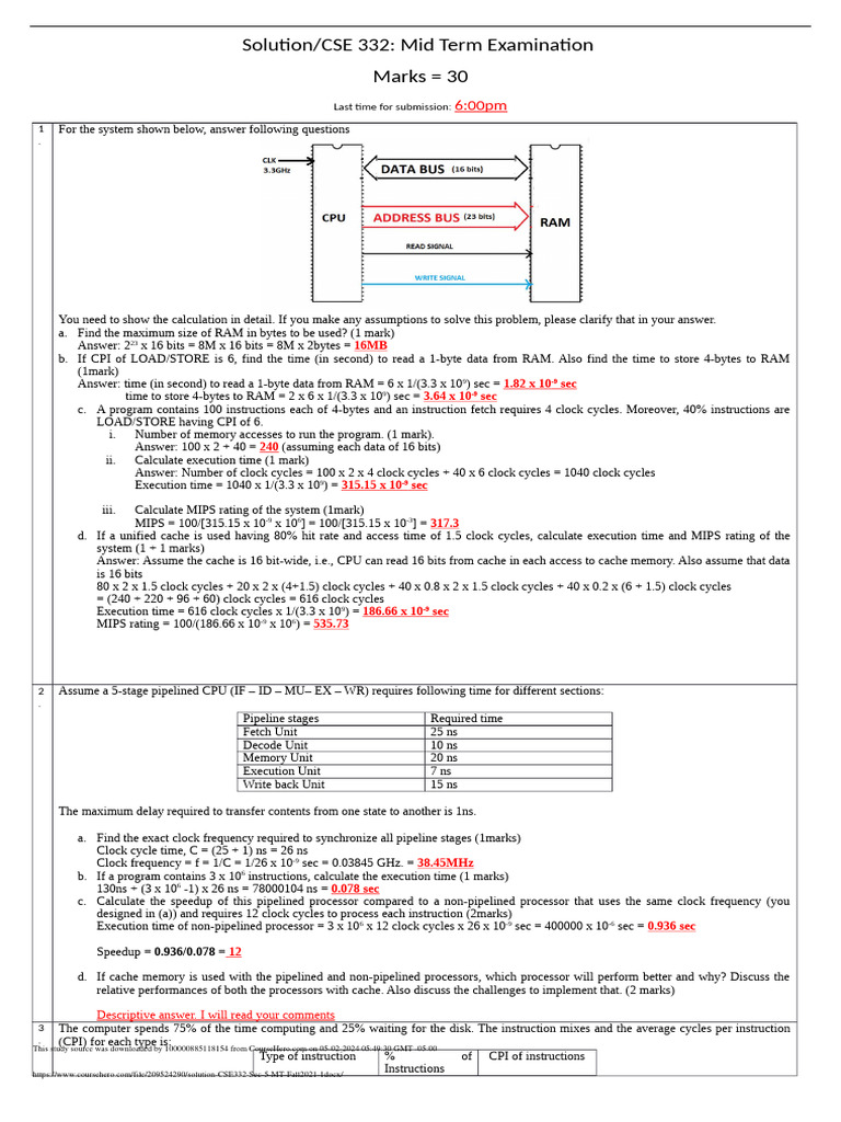 CSE 332 Midterm Exam Solutions Guide | PDF | Central Processing Unit | Cpu Cache