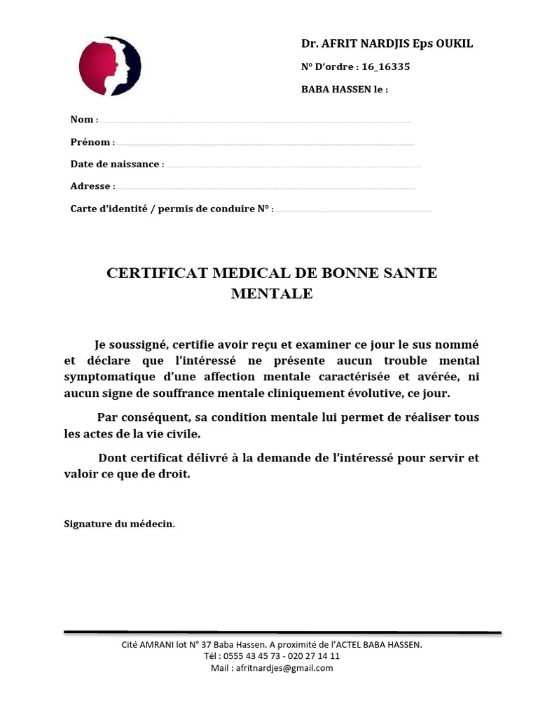 Certificat de Bonne Sante Mentale | PDF