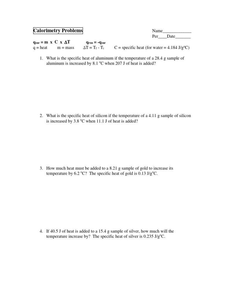 Calorimetry Problems worksheet | PDF