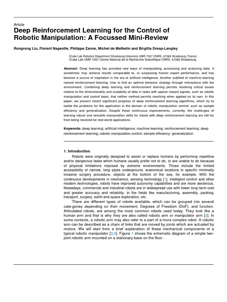 Deep Reinforcement Learning For The Control of Robotic Manipulation: A Focussed Mini-Review ...