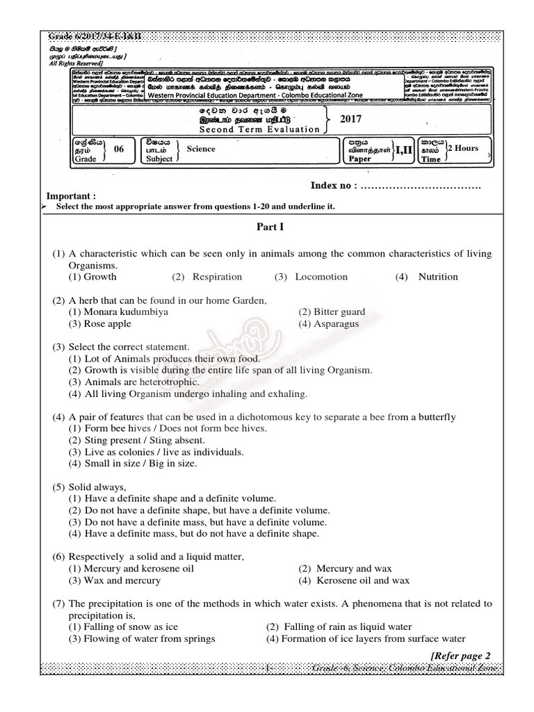 EG6 Sci T2 2017 Western Province | PDF | Water | Light