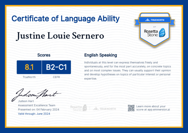 TrueNorth English Proficiency Certificate | PDF