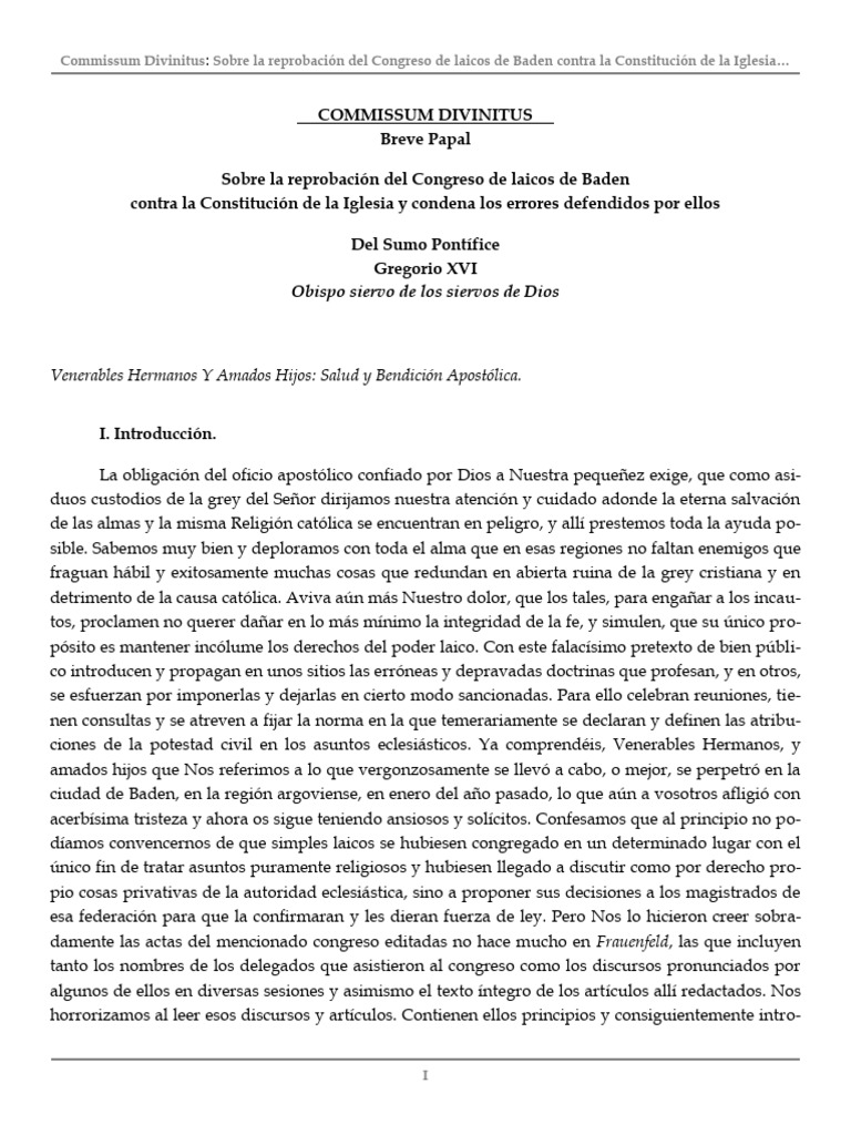 Commissum Divinitus (Traducción No Oficial) (1835) | PDF | Iglesia ...