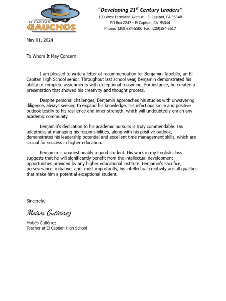 Recommendation Letter for Benjamin Tapetillo | PDF