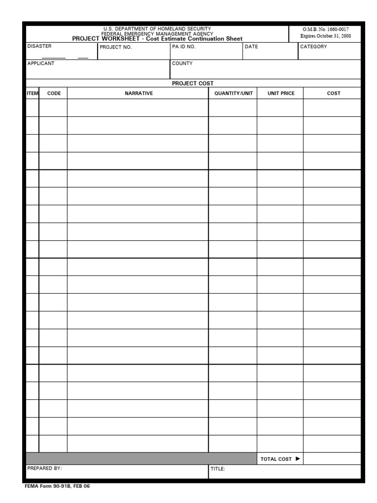 Form 90-91b Project Worksheet Cost Estimate | PDF