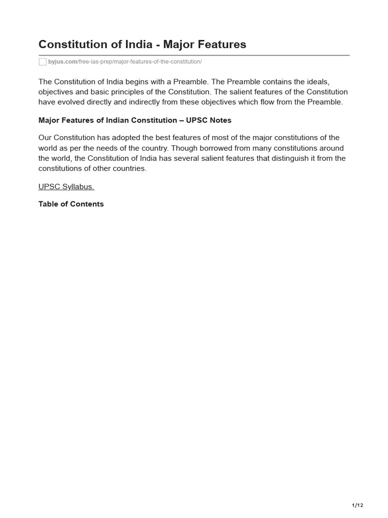 UPSC: Key Features of Indian Constitution | PDF | Constitution ...